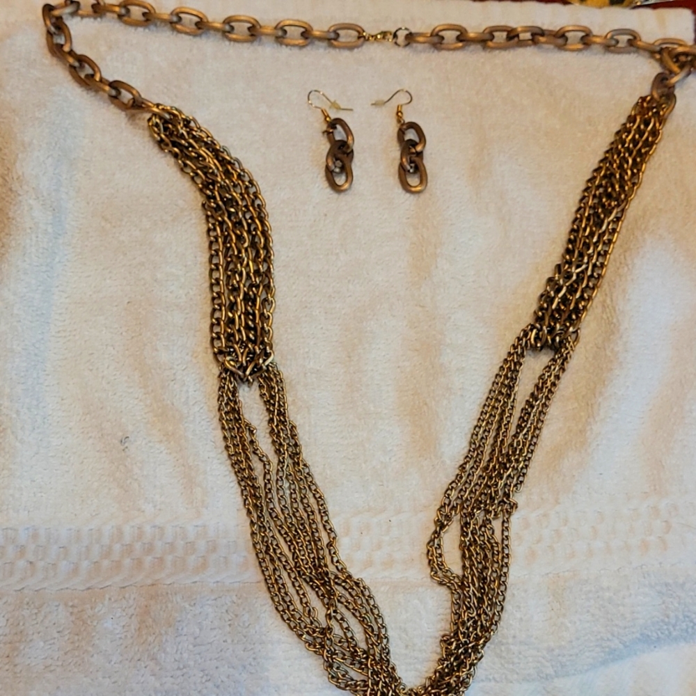 Bronze Color Chain Link Necklace & Earrings - Gem